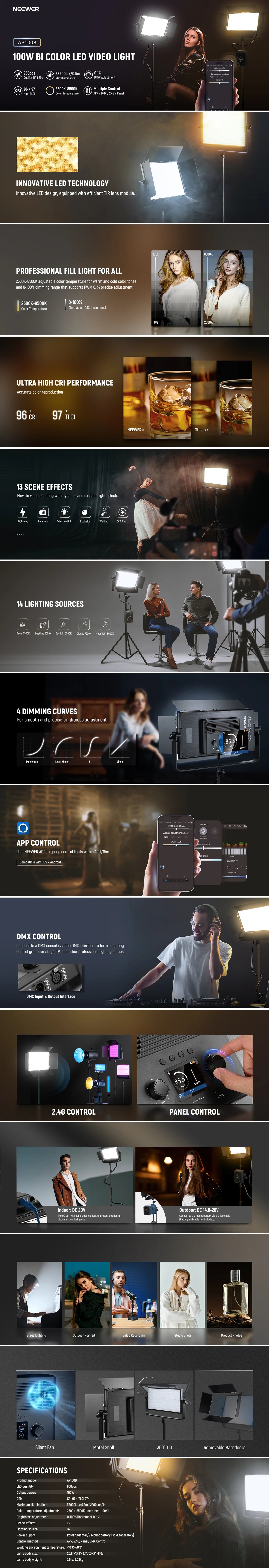 NEEWER AP100B 100W Bi Color LED Panel Video Light Kit – Fotoexpress Egypt